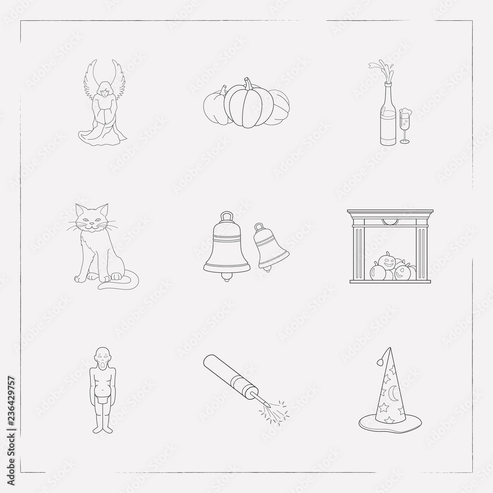 Set of feast icons line style symbols with gourd, bell, champagne and ...