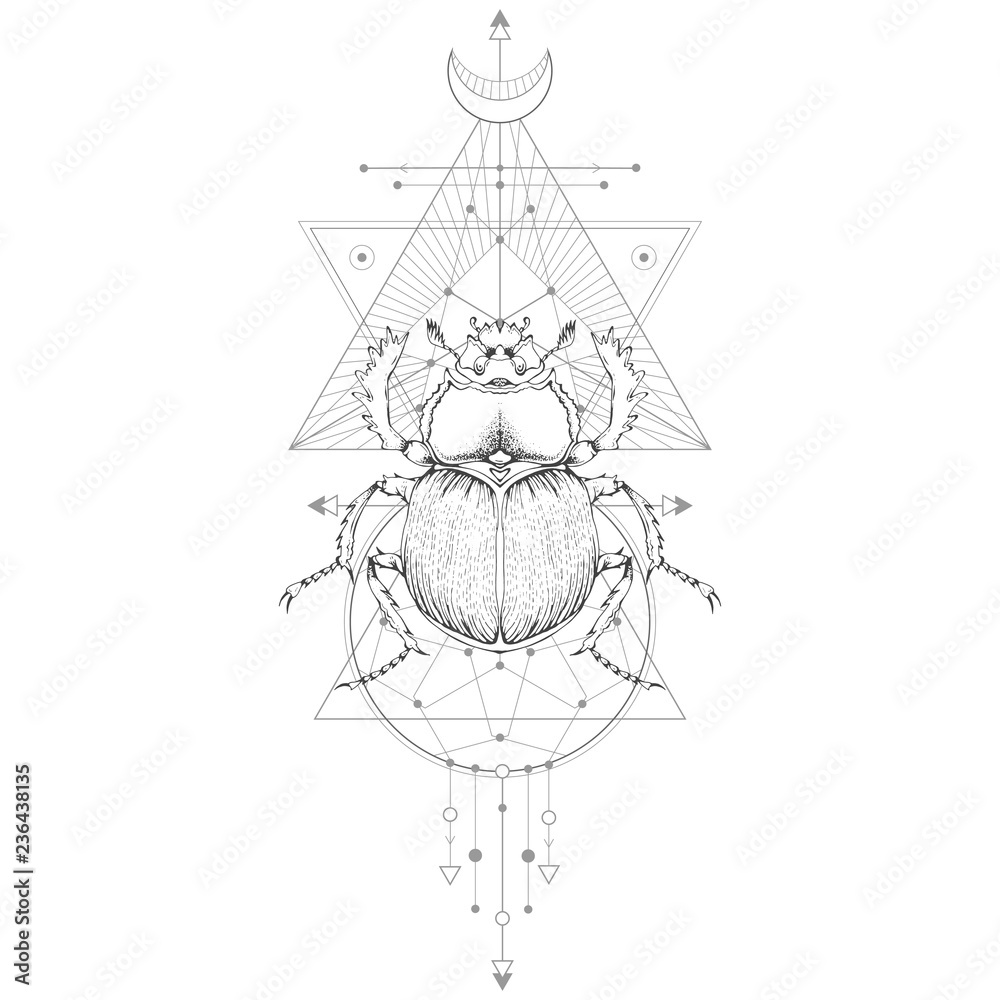 Vector illustration with hand drawn scarab and Sacred geometric symbol ...