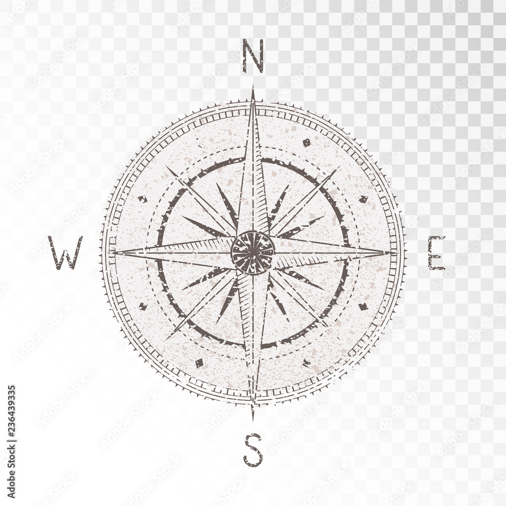 Vector illustration with a vintage textured compass or wind rose and ...