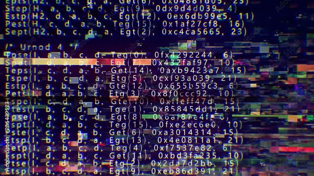 Scrambled source code (instruction for computers in their language) scrolling on a screen, with ...