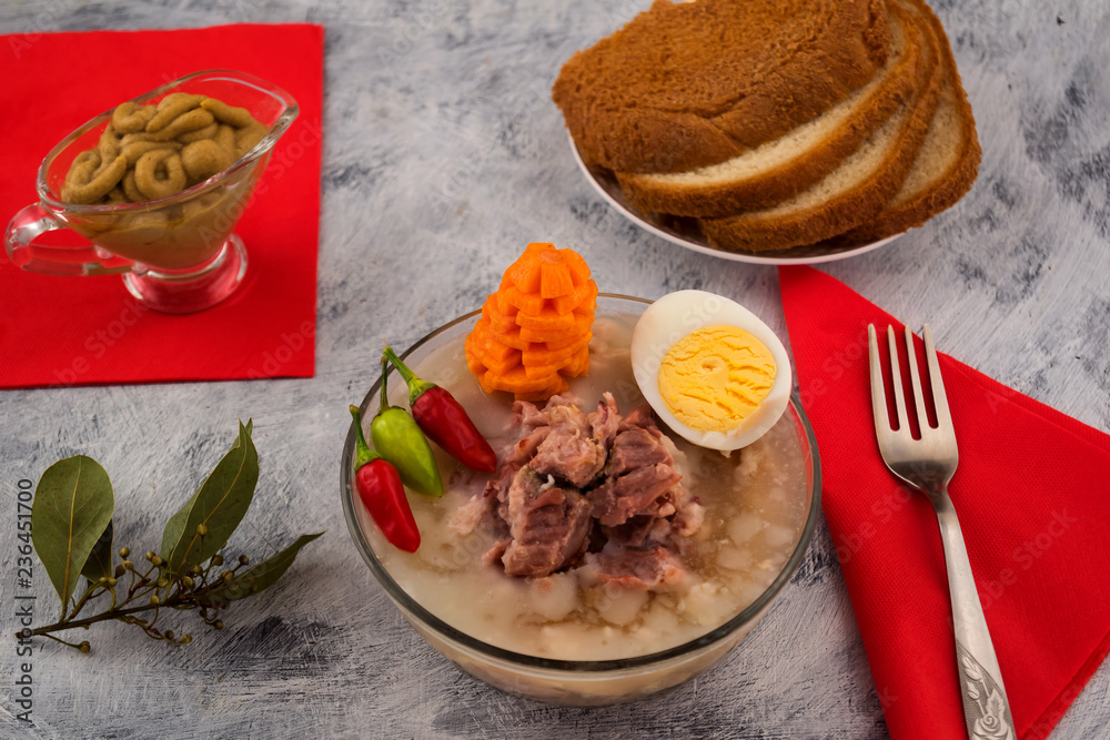 Dinner with cold jelly. Chicken meat with pepper, egg and carrots ...
