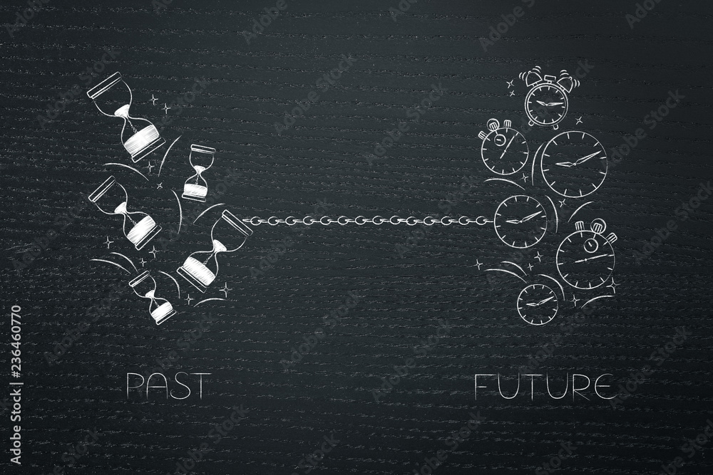 past and future linked with a chain with hourglasses and clocks Stock ...