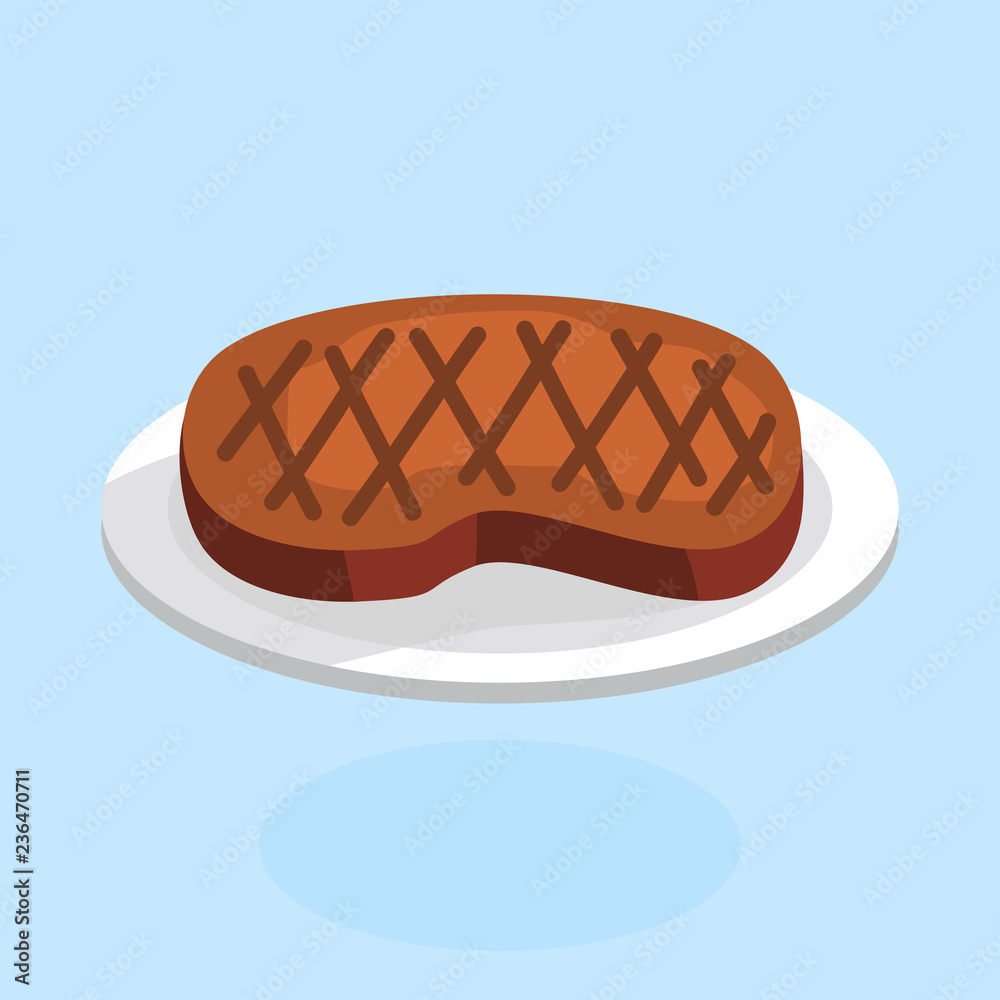 Concept of fast food. Grilled beef steak on plate. Vector illustration ...
