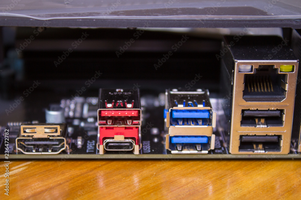 connectors of a computer mainboard,USB 2.0 and USB 3.1 connector on ...