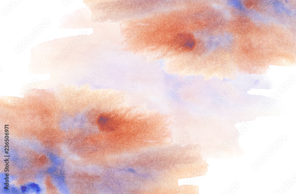 Expressive background with orange and purple wet watercolor stains in ...