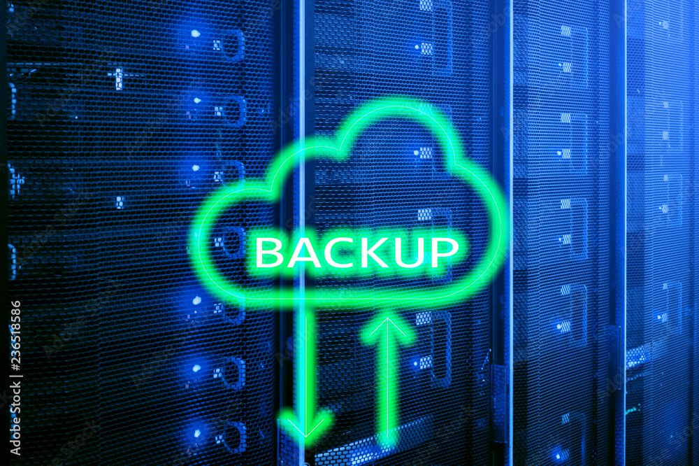 Backup button on modern server room background. Data loss prevention ...