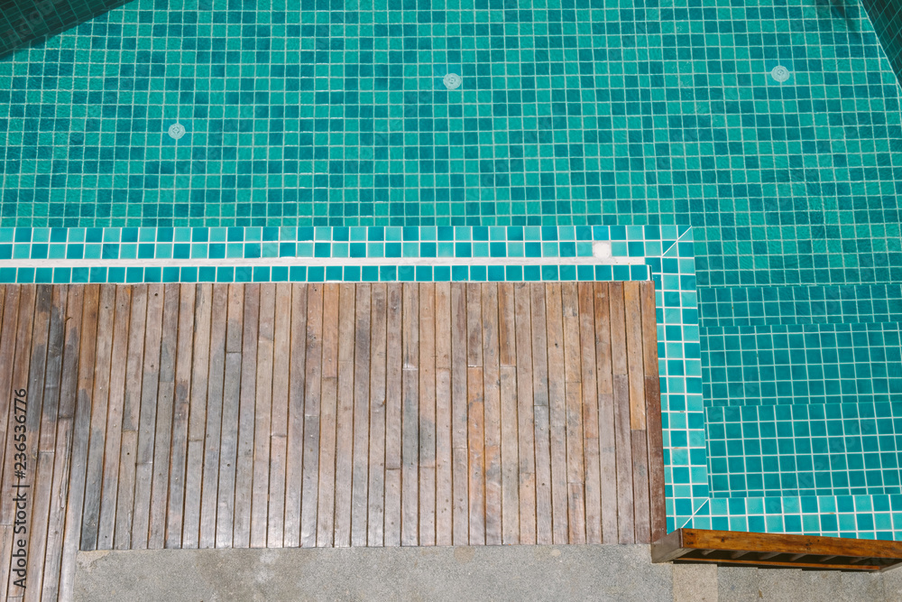 Swimming pool and wooden deck on top view ideal for backgrounds Stock ...