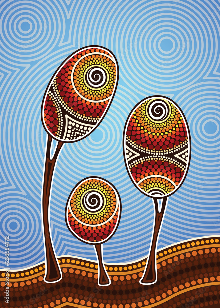 Tree on the hill, Aboriginal tree, Aboriginal art vector painting with ...