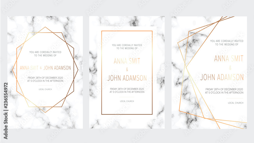 Luxury wedding invitation cards with marble texture and gold geometric ...