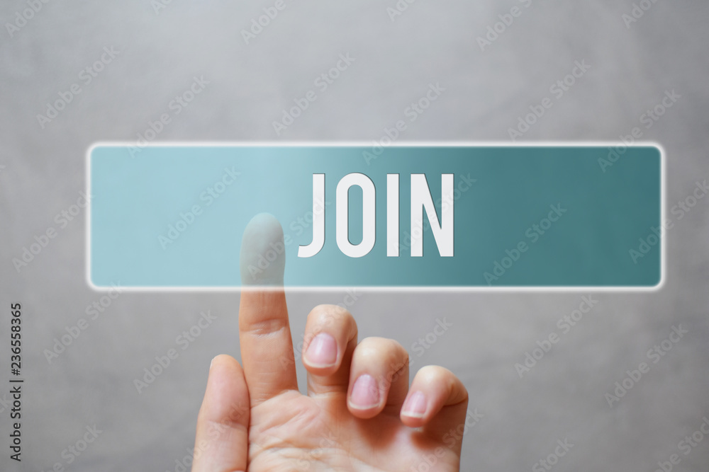 Join - finger pressing blue transparent button on virtual touchscreen ...