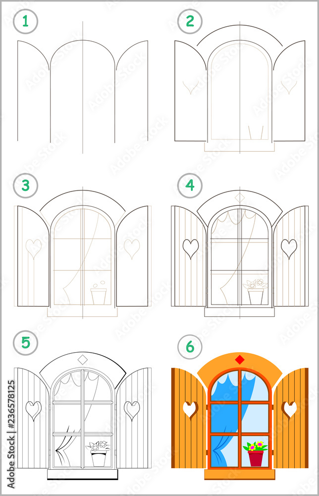 Page shows how to learn step by step to draw a cute window with ...