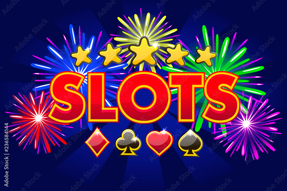 Screen logo Casino slots, banner on blue background with icons, stars ...