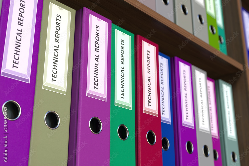 Many office binders with TECHNICAL REPORTS inscription. 3D rendering ...