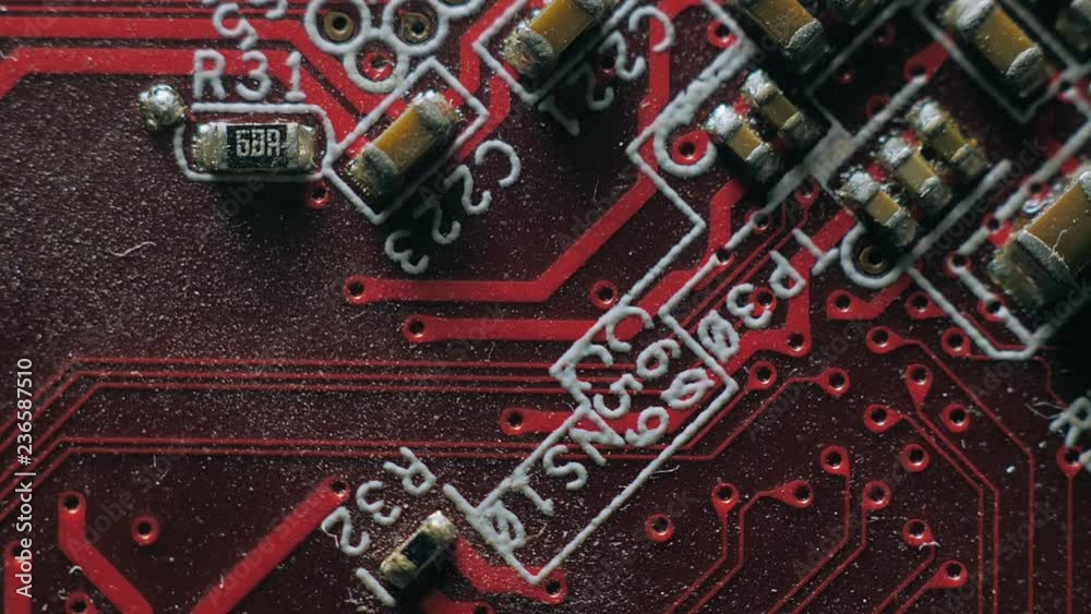 Computer parts macro closeup. Camera moving above structures of chips ...