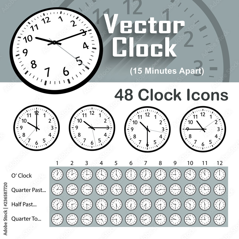48 Classic Vector Clock Icons - 15 Minutes Apart Stock Vector | Adobe Stock