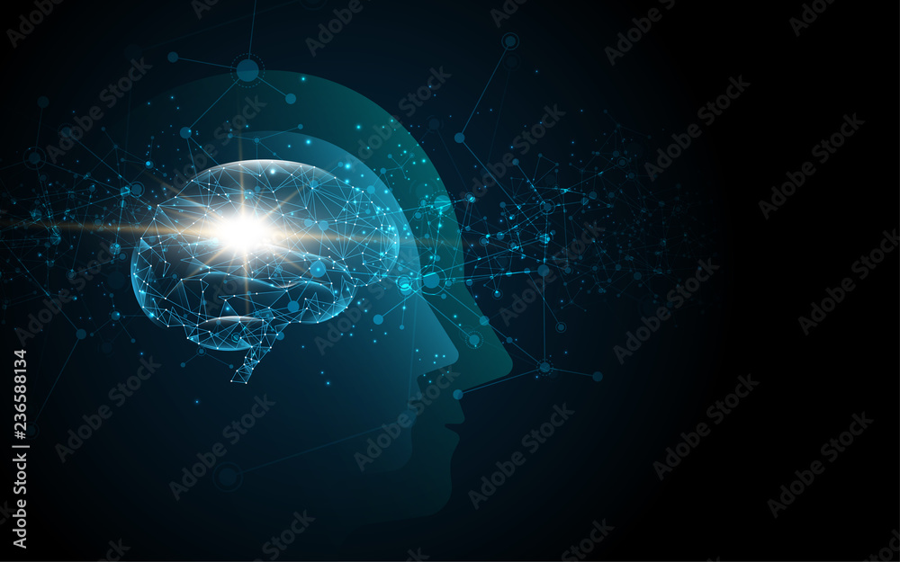 Brain inside head of human artificial intelligence digital wireframe ...