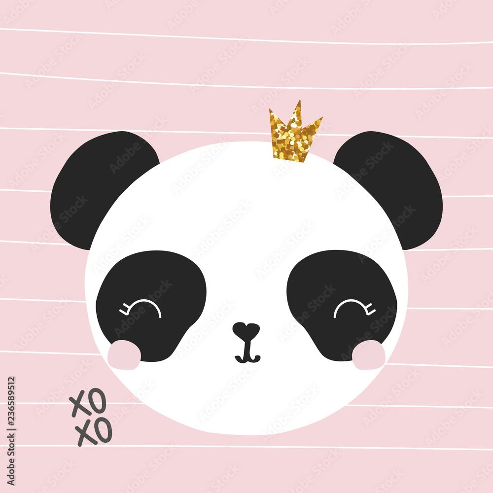 Panda princess with gold glitter crown. Vector hand drawn illustration ...