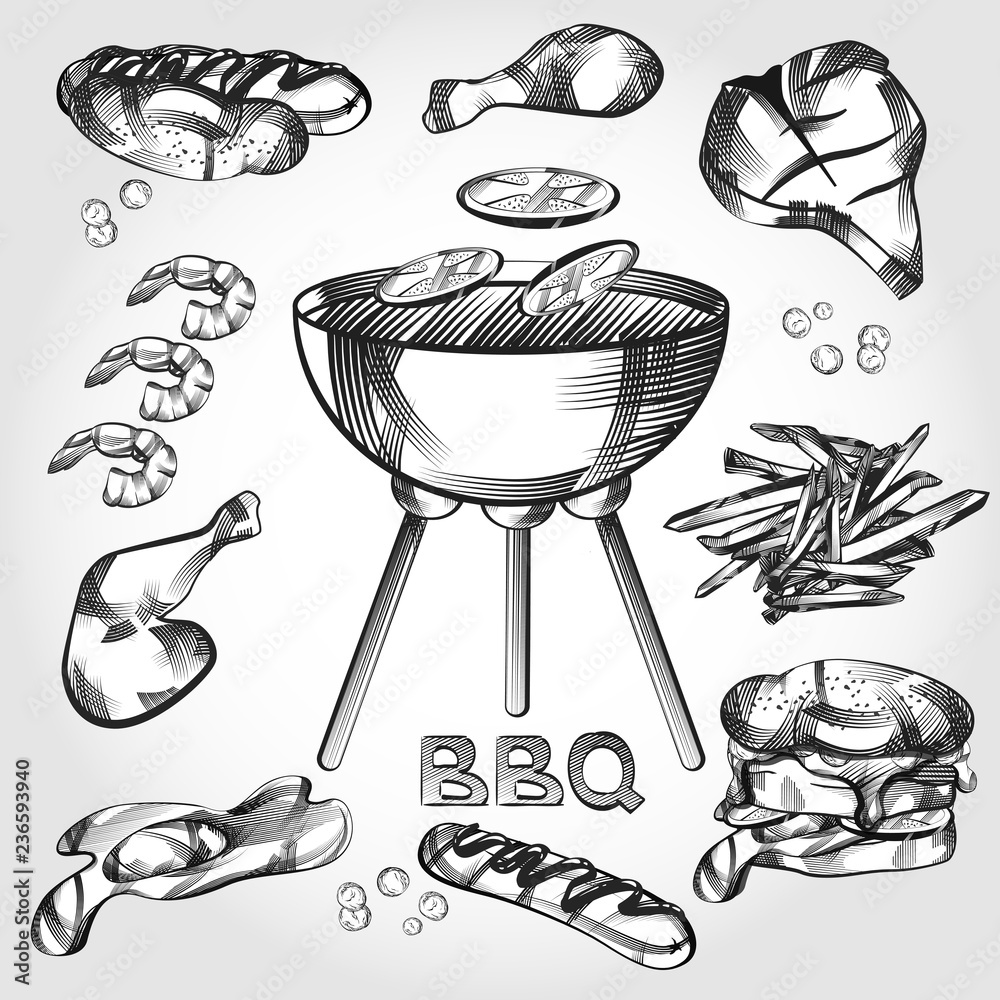 Bbq vector hand drawn set. Grilled meat,chicken, shrimp, burger, french fries for barbecue party ...