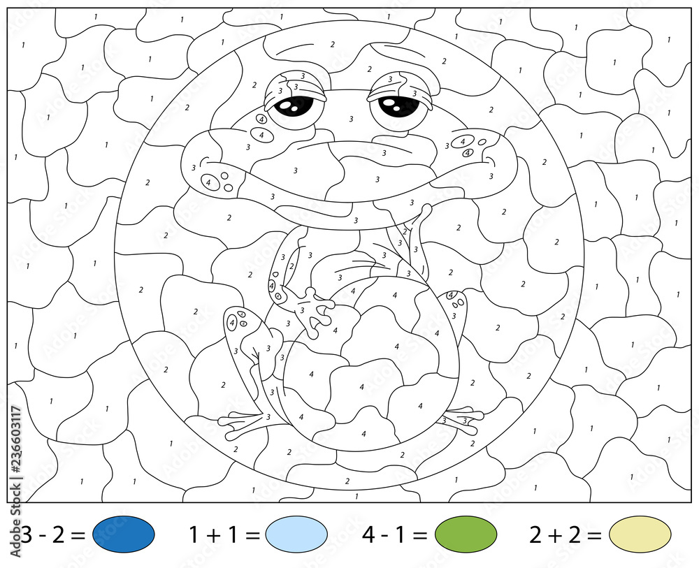 Cartoon frog. Addition and subtraction tasks. Color by number ...