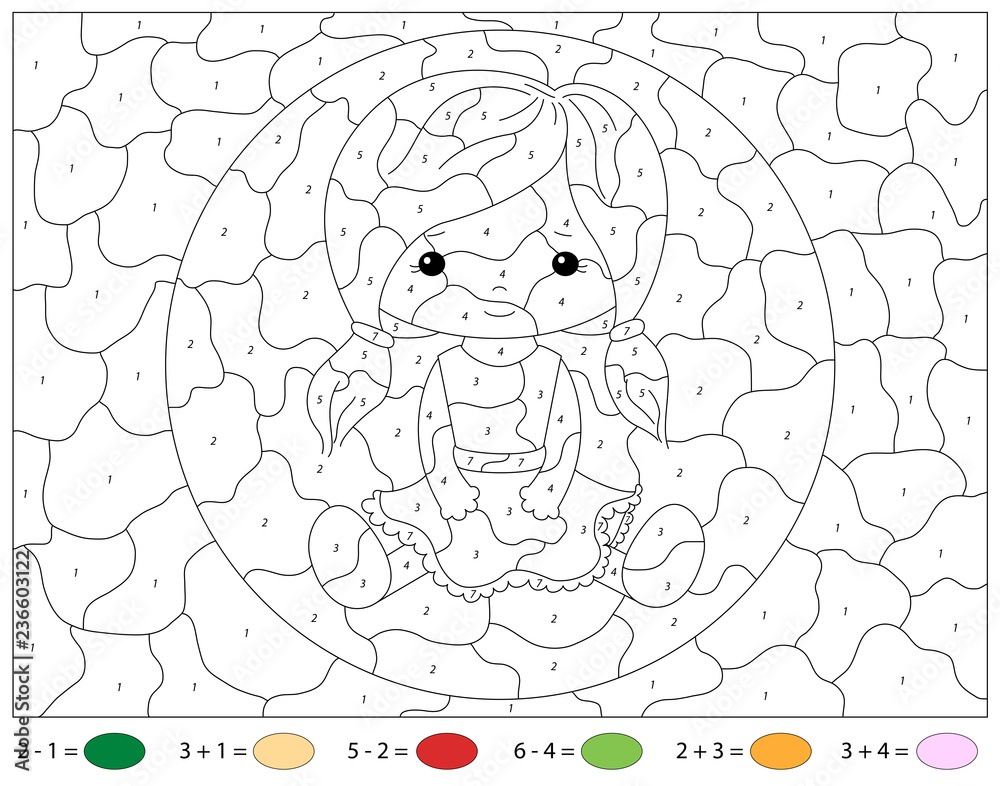 Cartoon pretty doll. Addition and subtraction tasks. Color by number ...