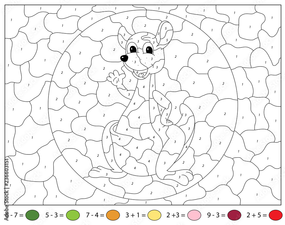Cartoon kangaroo. Addition and subtraction tasks. Color by number ...