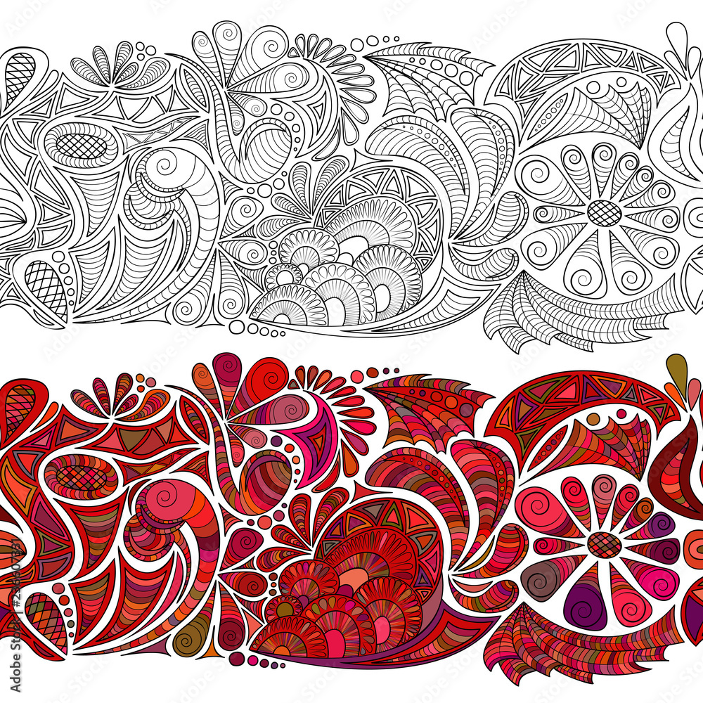 Seamless ribbon ornament. Vector illustration - border of abstract floral patterns in red and ...