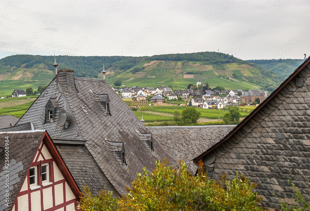 View between the rooftops of the village of Beilstein with a ...