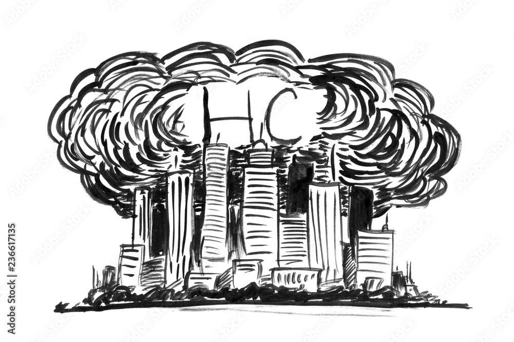 Black brush and ink artistic rough hand drawing of high rise building ...