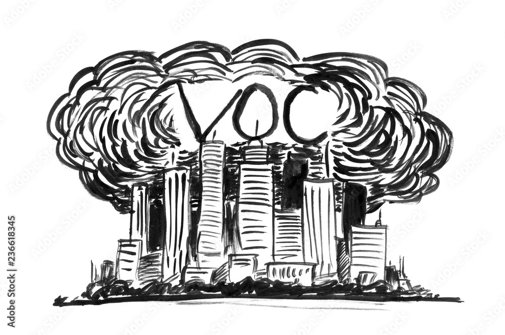 Black brush and ink artistic rough hand drawing of high rise building ...