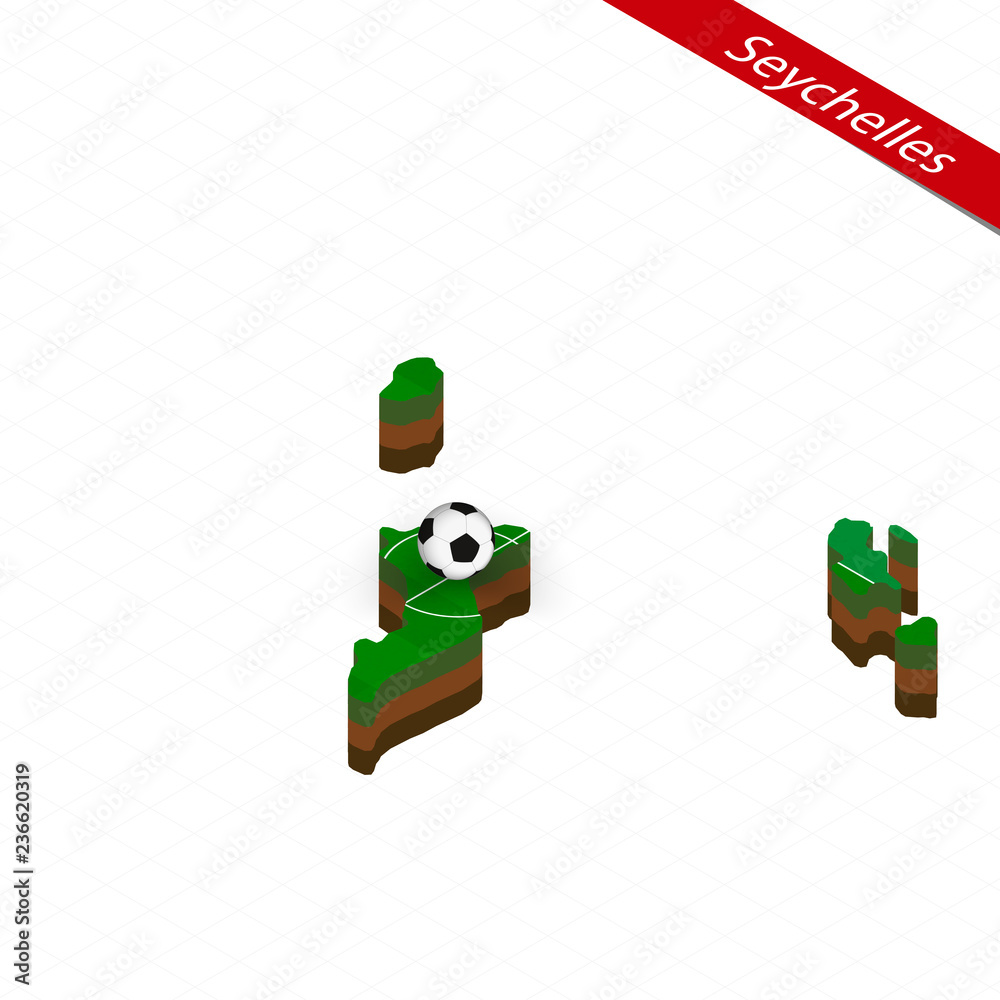 Isometric map of Seychelles with soccer field. Football ball in center ...
