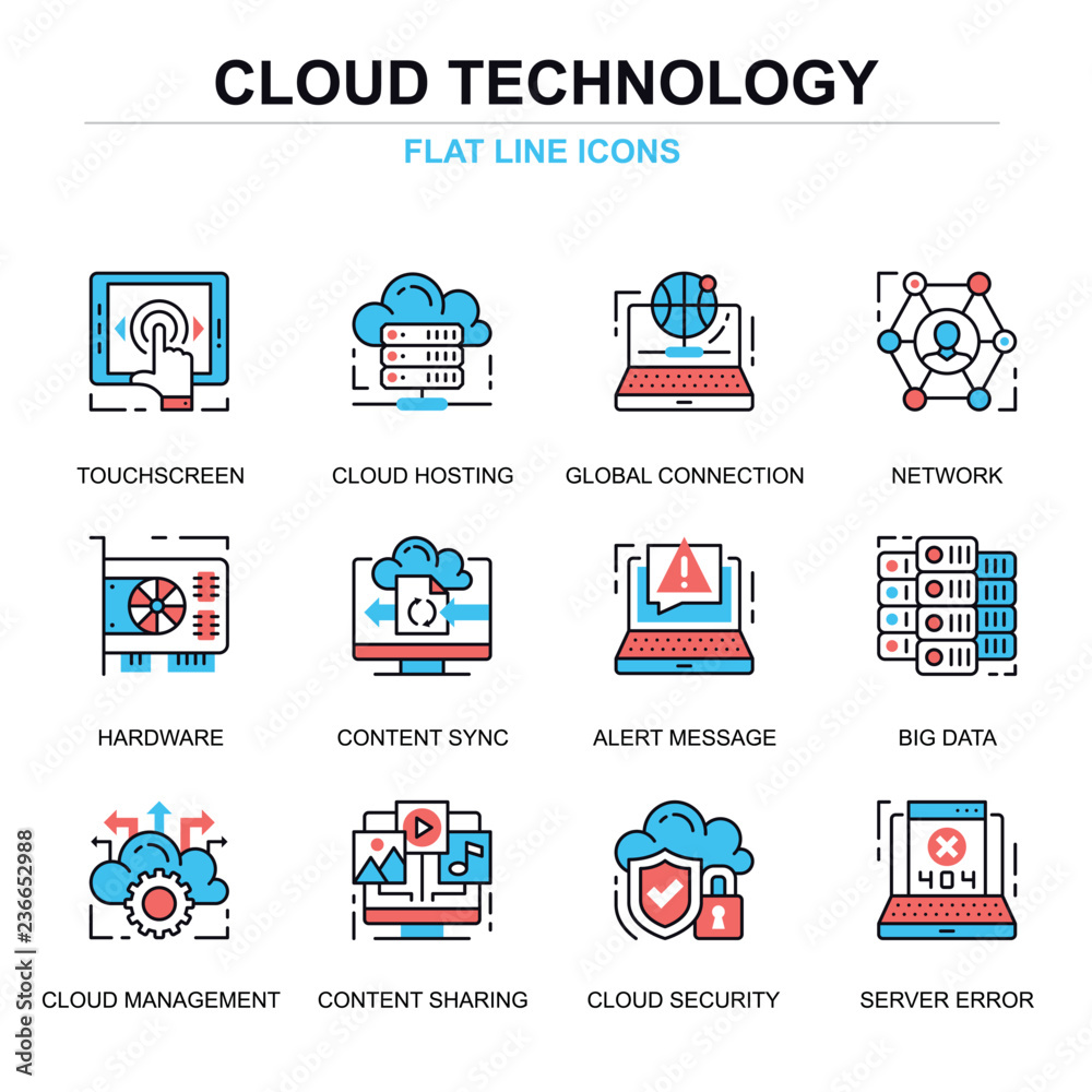 Flat line cloud technology icons concepts set for website and mobile ...