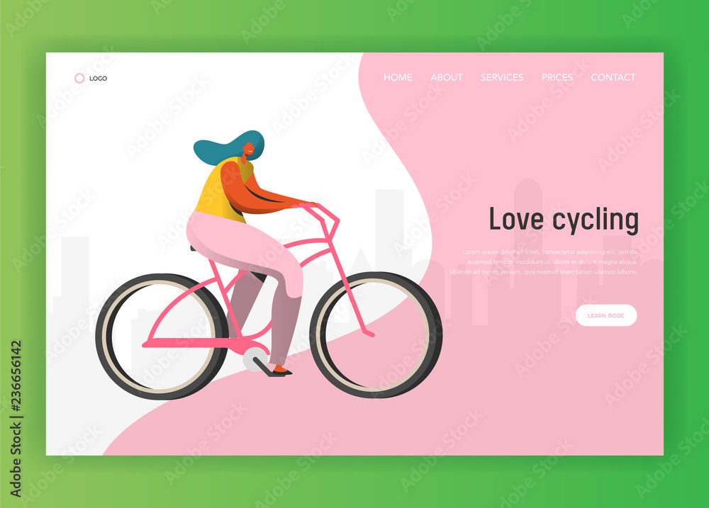 Cycling landing page template. Happy woman character riding bicycle ...
