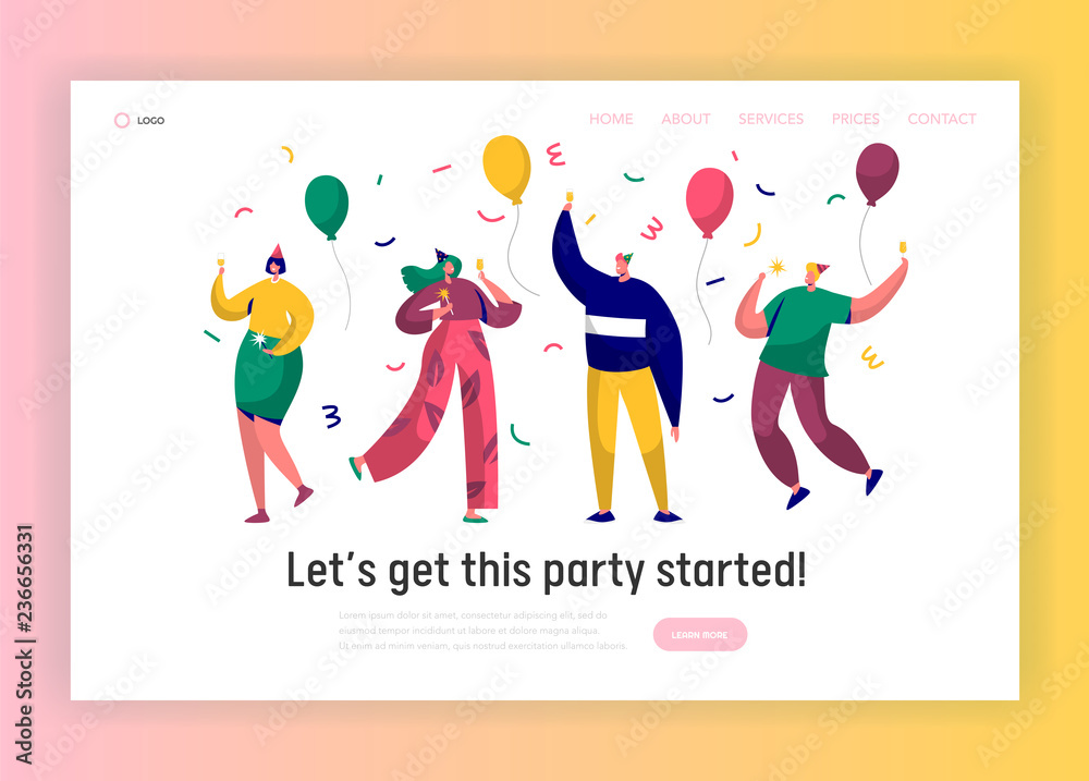 Corporate party landing page template. Happy people characters ...