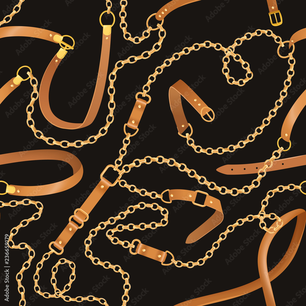 Fashion Seamless Pattern with Golden Chains and Belts. Fabric Design ...