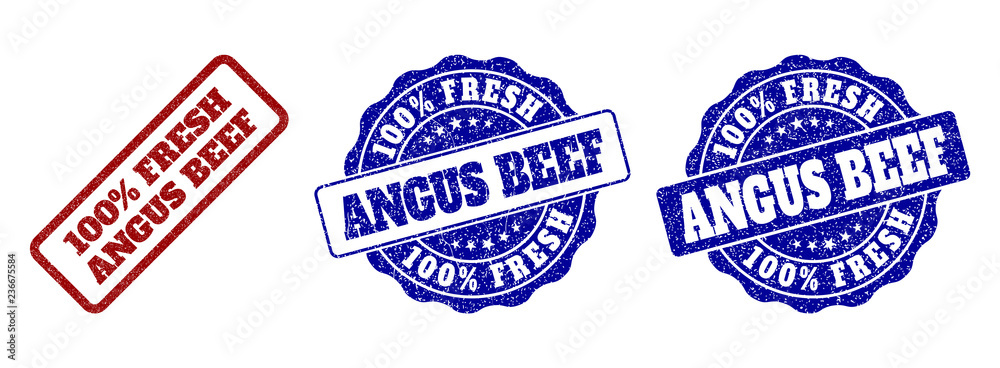 100% FRESH ANGUS BEEF grunge stamp seals in red and blue colors. Vector ...