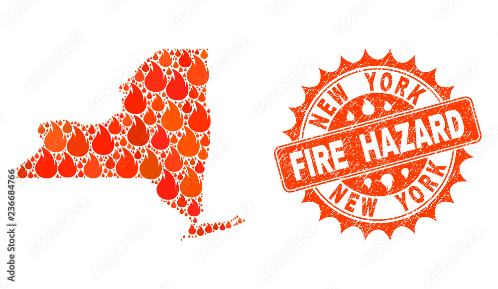 Fire hazard collage of map of New York State burning and grunge seal ...