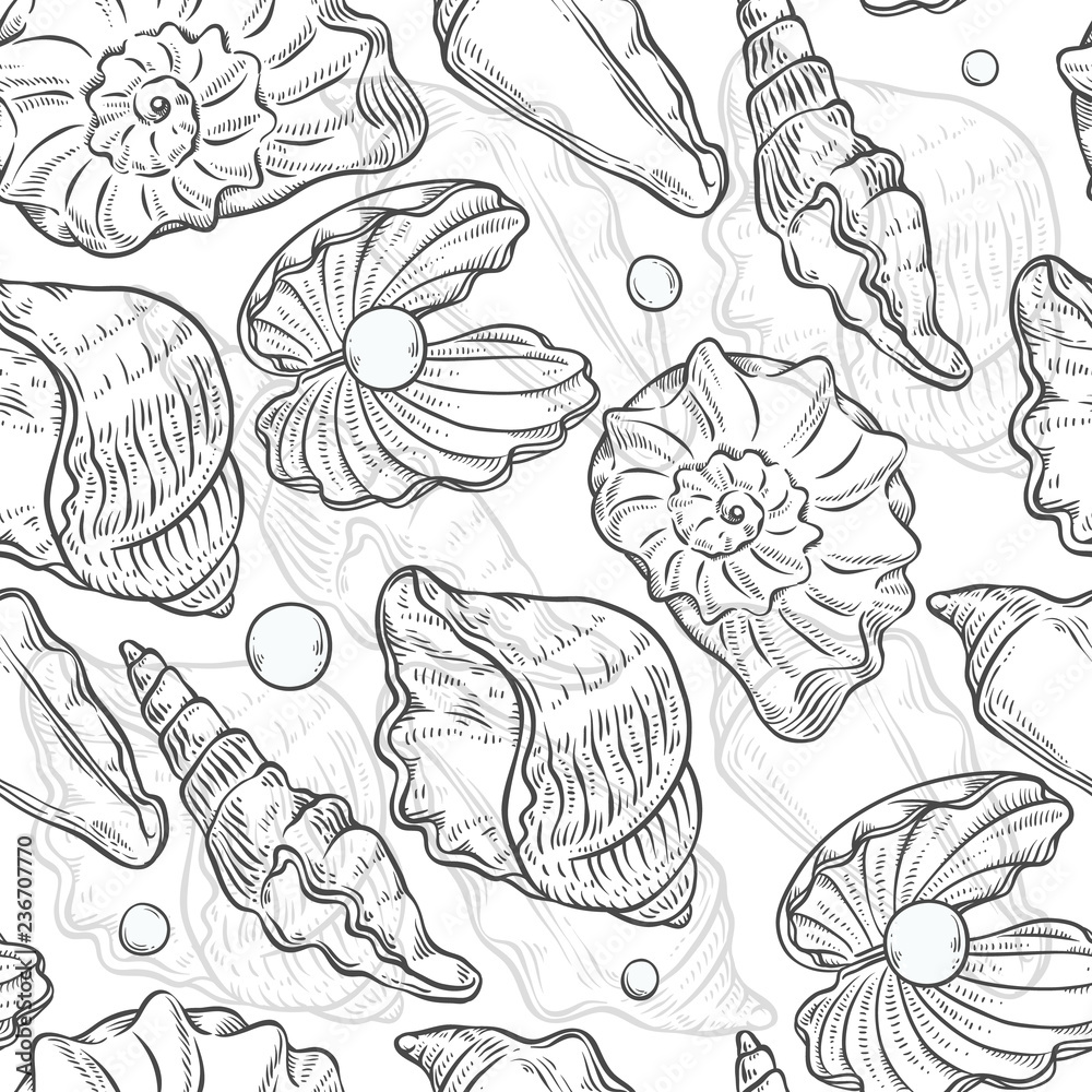 Vector seamless pattern sea shells and pearls different shapes ...