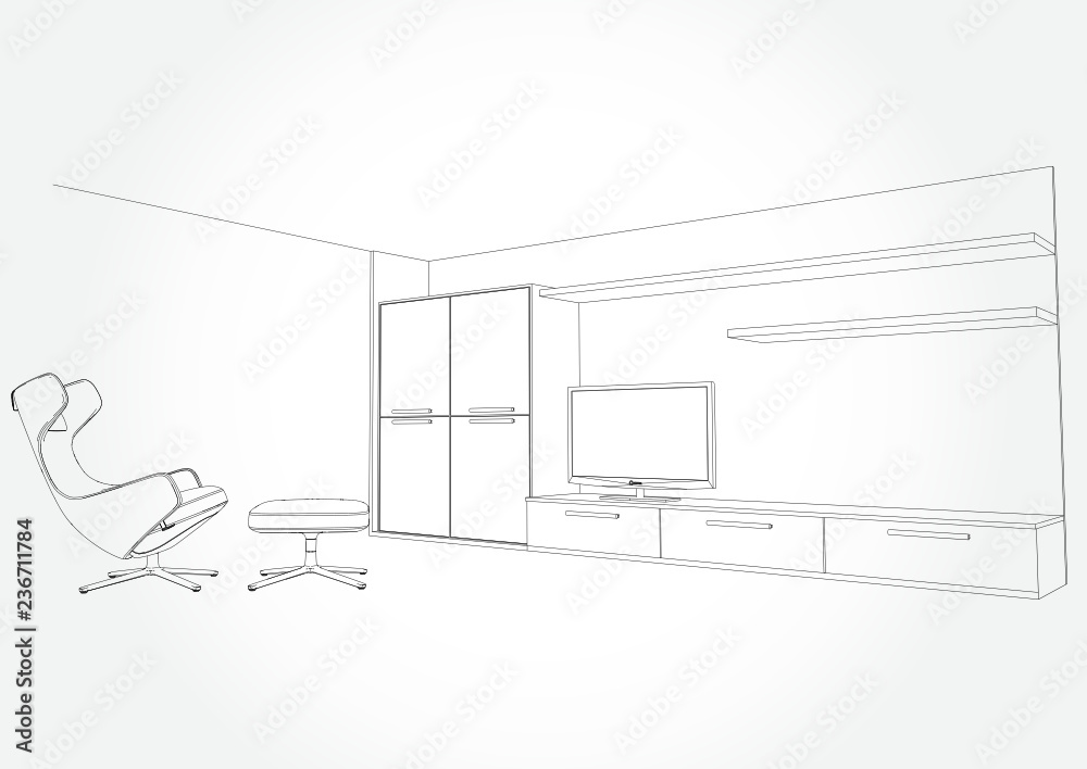 Linear sketch of an interior. Living room plan. Sketch Line sofa set ...