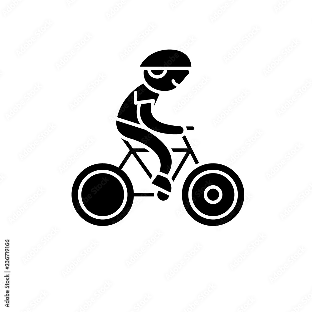 Child riding a bike black icon, concept vector sign on isolated ...