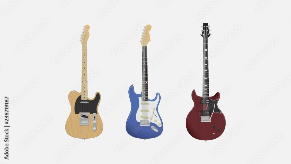 Animation set of silhouettes electric guitars appearing one by one and make realistic ...