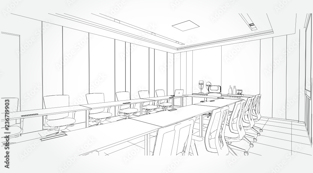 interior outline sketch drawing perspective of a space office ...