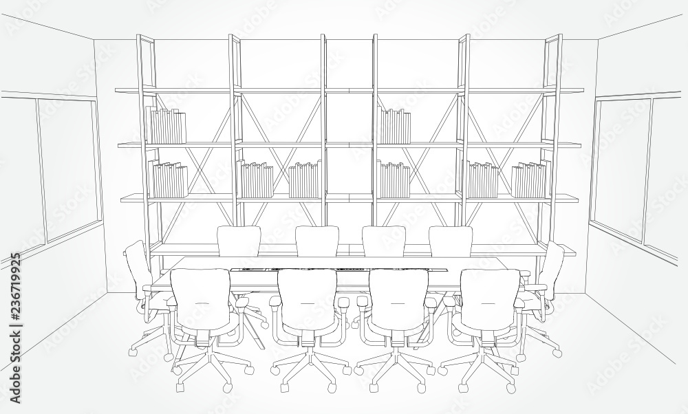 interior outline sketch drawing perspective of a space office ...