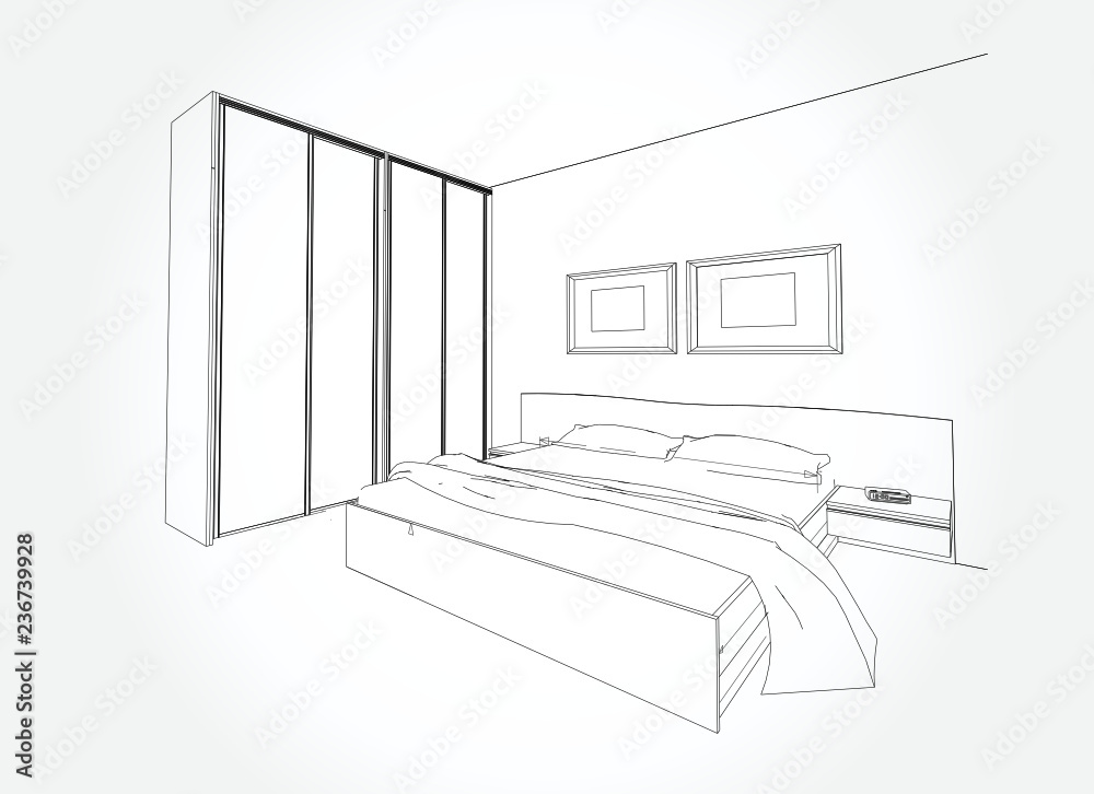 Linear sketch of an interior. Room plan. Sketch Line bedrooms. Vector ...