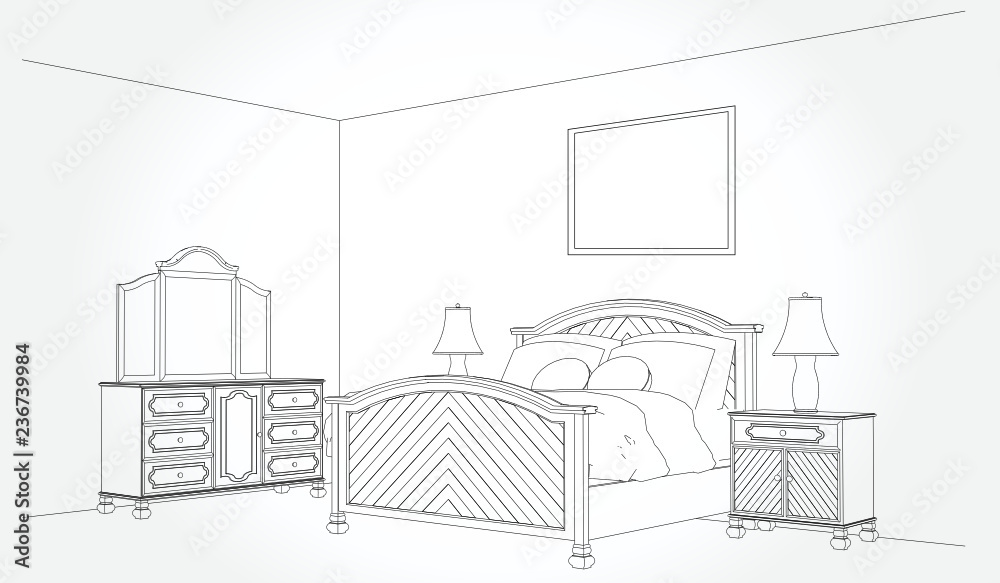 Linear sketch of an interior. Room plan. Sketch Line bedrooms. Vector ...