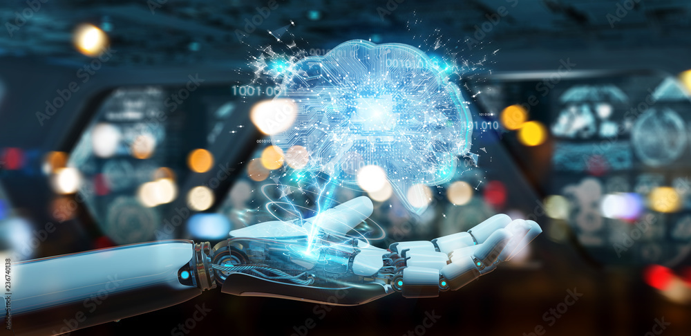Robot creating artificial intelligence in a digital brain 3D rendering ...