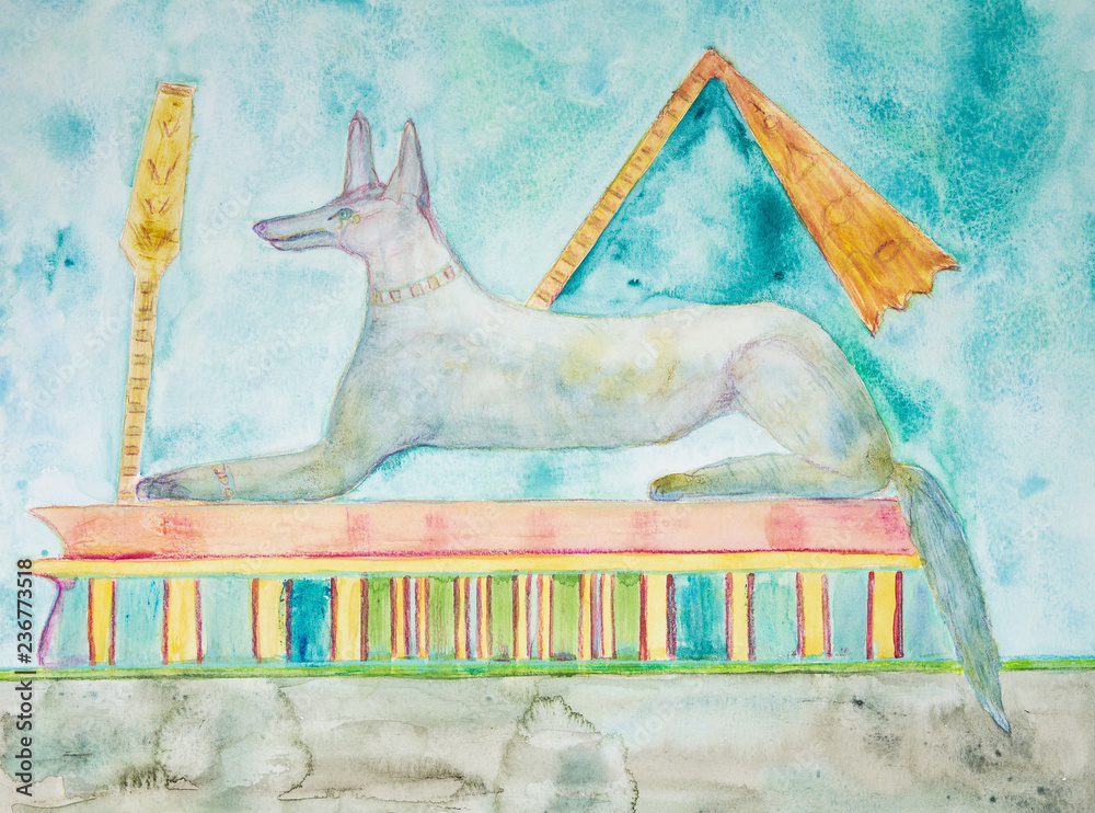 Anubis lying on a tomb. The dabbing technique near the edges gives a ...