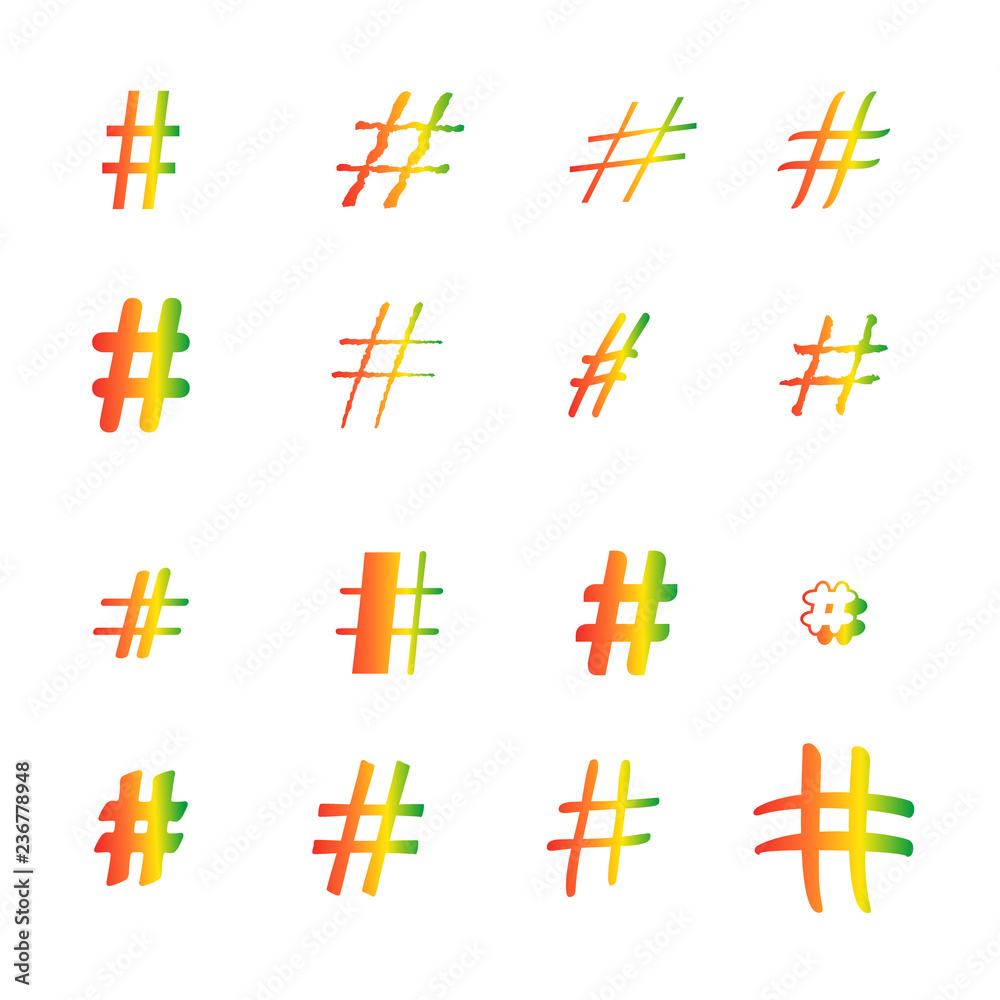 Hashtag signs. Number sign, hash sign. Collection of 16 color symbols ...