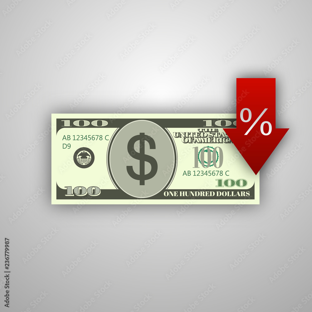 Decreasing of dollar value. Inflation icon with red down arrow. Vector ...