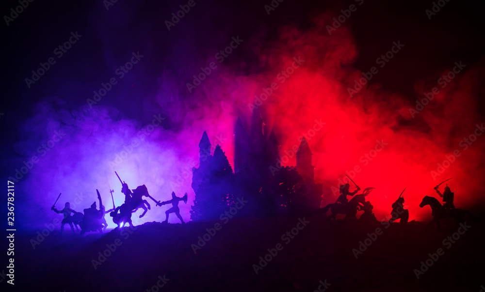 Medieval battle scene with cavalry and infantry. Silhouettes of figures ...