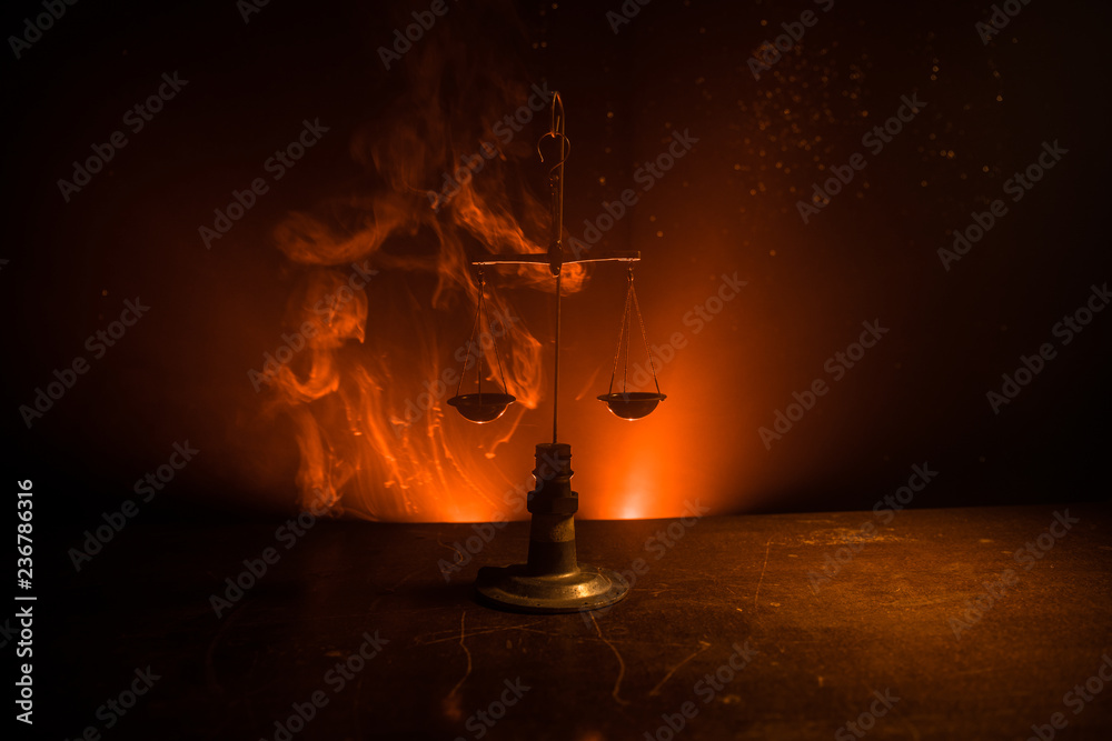 Justice scale with dark toned foggy background. Justice concept. Scale ...